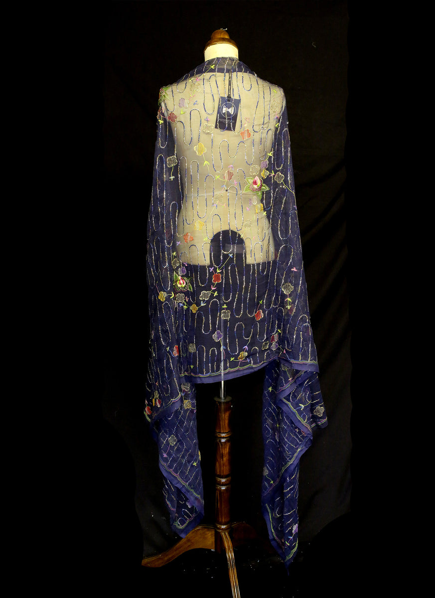 Vintage Navy Blue Silk Chiffon Embroidered Wrap – ALEXANDRAKING